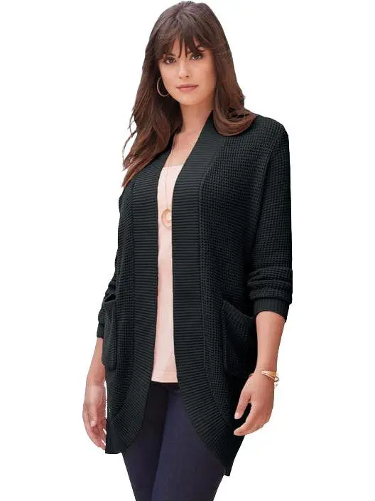 Roaman's Waffle Knit Open Front Cardigan - Black