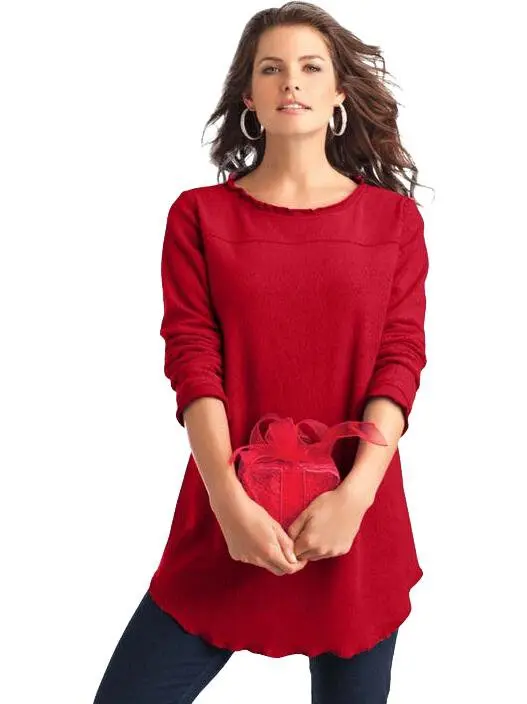 Roaman's Fleece Tunic With Ruffled Neckline And Cuffs - Classic Red