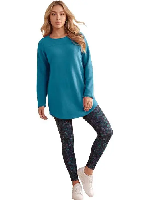 Roaman's Fleece Tunic With Ruffled Neckline And Cuffs - Deep Teal