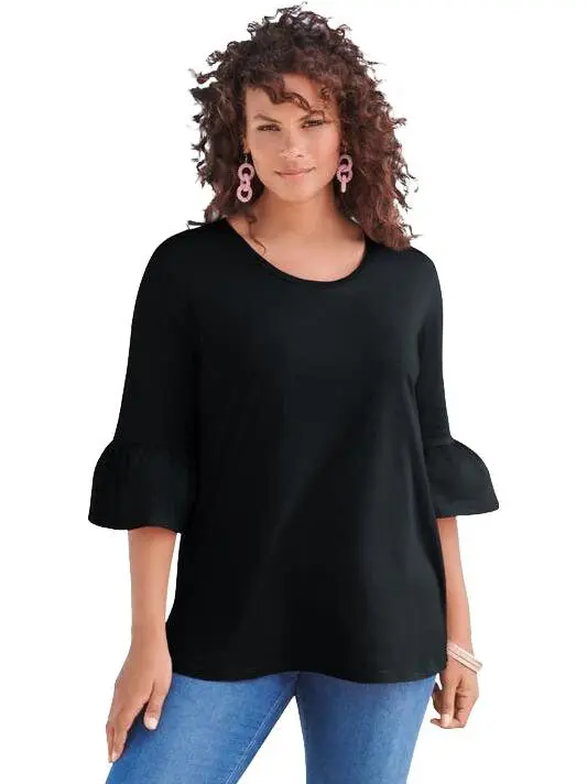 Roaman's Cotton Ultimate Bell Sleeve Tee - Black