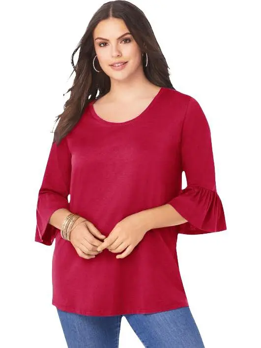 Roaman's Cotton Ultimate Bell Sleeve Tee - Classic Red