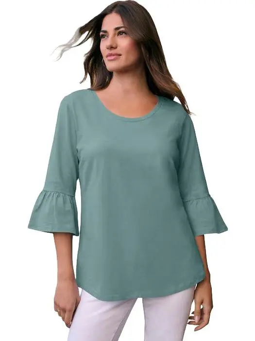 Roaman's Cotton Ultimate Bell Sleeve Tee - Cool Sage