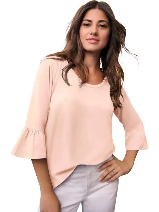 Roaman's Cotton Ultimate Bell Sleeve Tee - Soft Blush