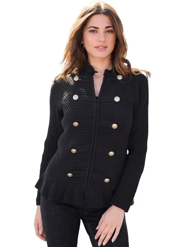 Roaman's Military Inspired Ribbed Cardigan Sweater - Black