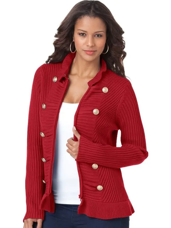 Roaman's Military Inspired Ribbed Cardigan Sweater - Classic Red