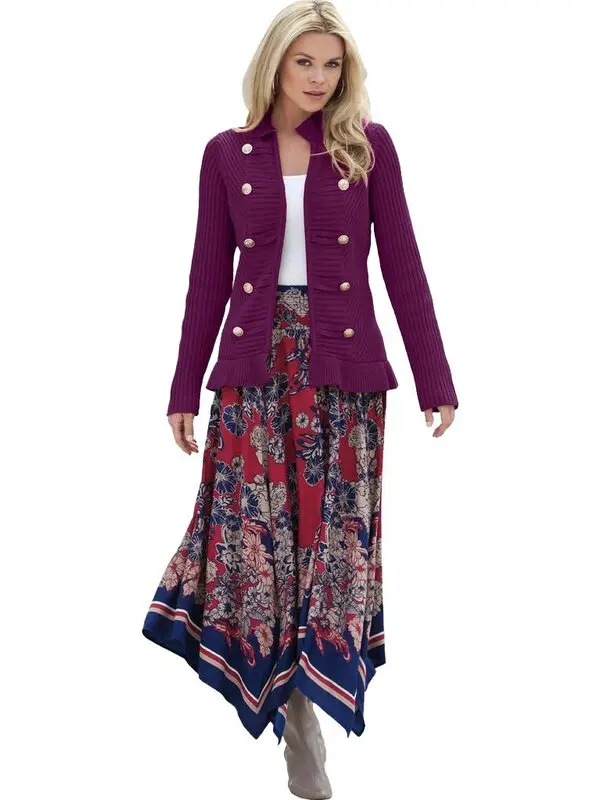 Roaman's Military Inspired Ribbed Cardigan Sweater - Dark Berry