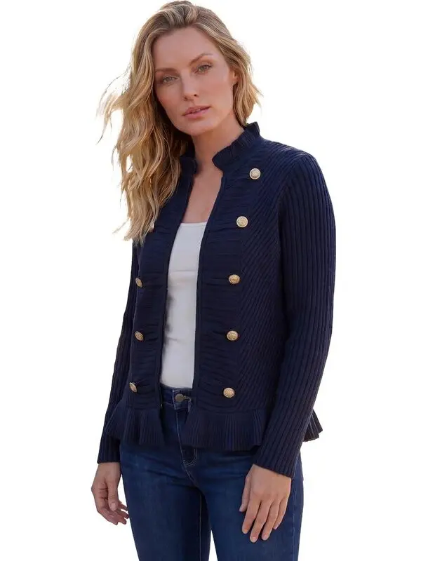 Roaman's Military Inspired Ribbed Cardigan Sweater - Navy