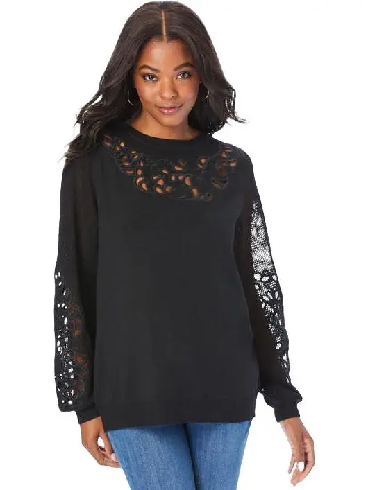 Roaman's Crew Neck Pullover Sweater With Embroidered Cutout Details - Black