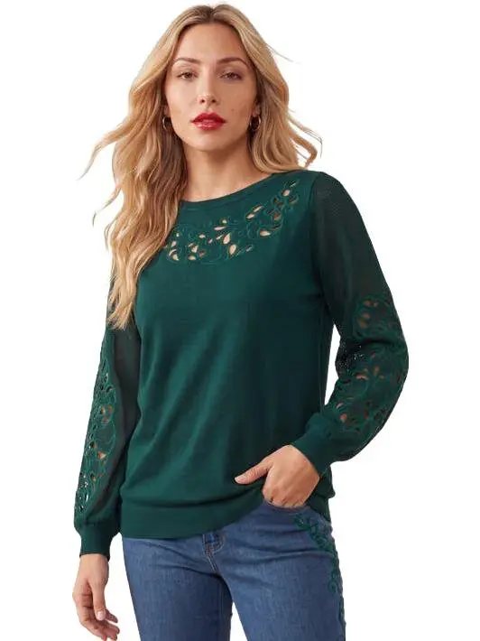 Roaman's Crew Neck Pullover Sweater With Embroidered Cutout Details - Emerald Green