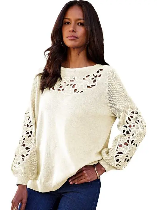 Roaman's Crew Neck Pullover Sweater With Embroidered Cutout Details - Ivory