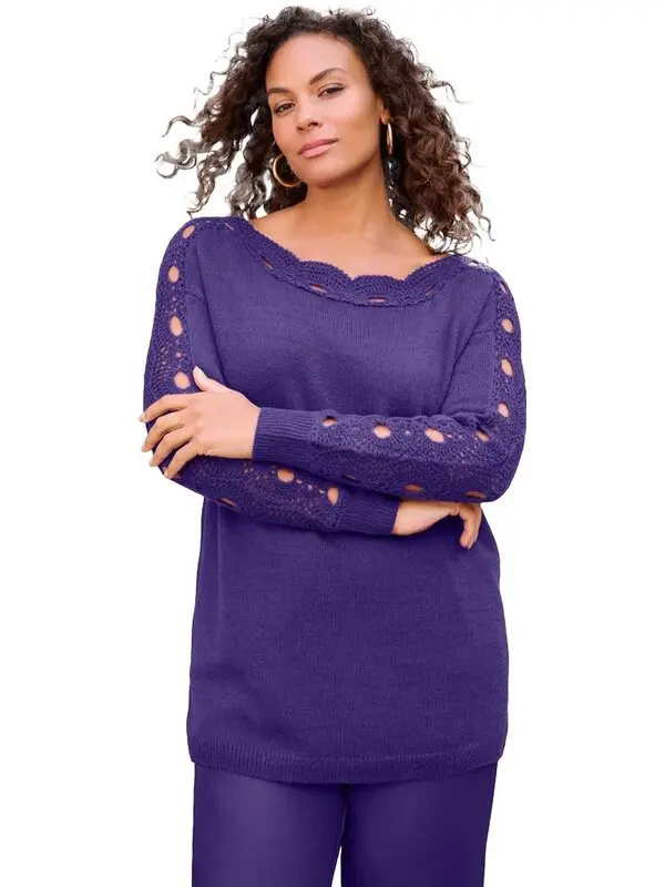 Roaman's Pointelle Sleeve Pullover With Scalloped Neckline - Midnight Violet