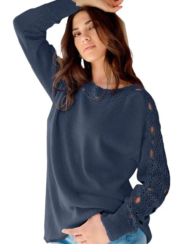 Roaman's Pointelle Sleeve Pullover With Scalloped Neckline - Navy