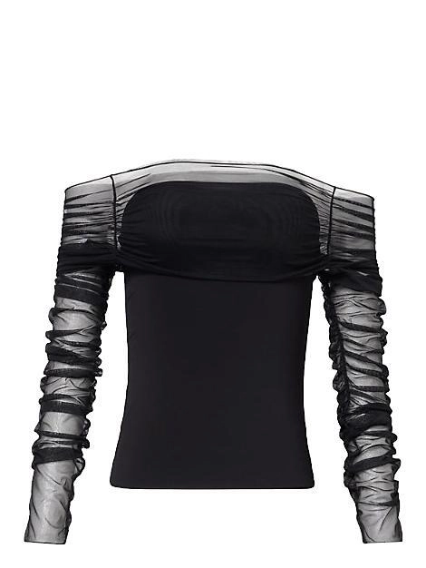 NENSI DOJAKA Off-shoulder Ruched Mesh Top - Black