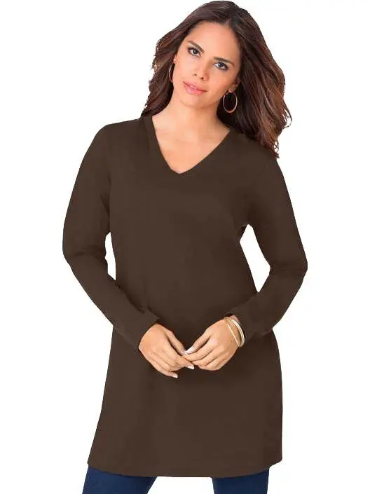 Roaman's Cotton Ultimate Long Sleeve V-neck Tunic - Chocolate