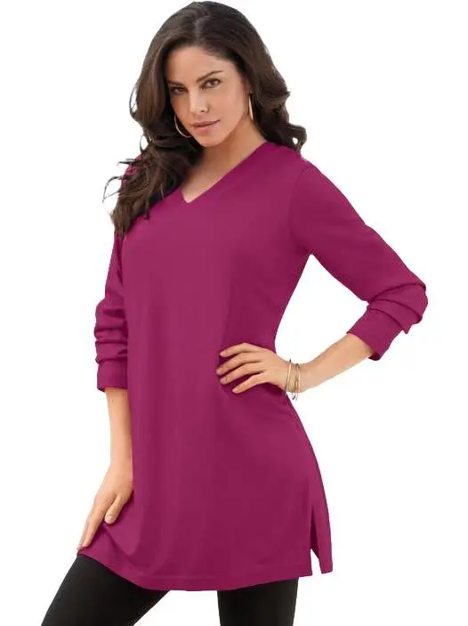 Roaman's Cotton Ultimate Long Sleeve V-neck Tunic - Raspberry