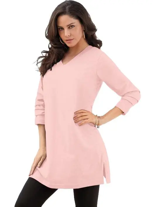 Roaman's Cotton Ultimate Long Sleeve V-neck Tunic - Soft Blush