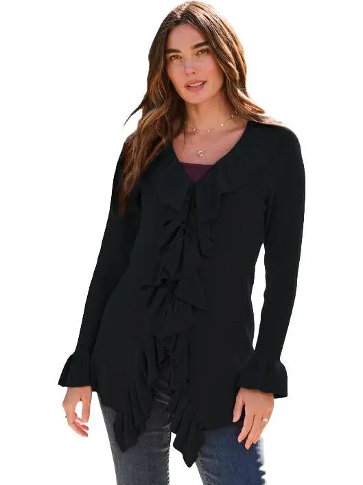 Roaman's V Neck Ruffle Trim Tie Front Cardigan - Black
