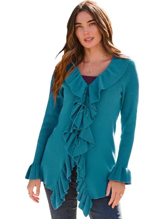Roaman's V Neck Ruffle Trim Tie Front Cardigan - Deep Teal