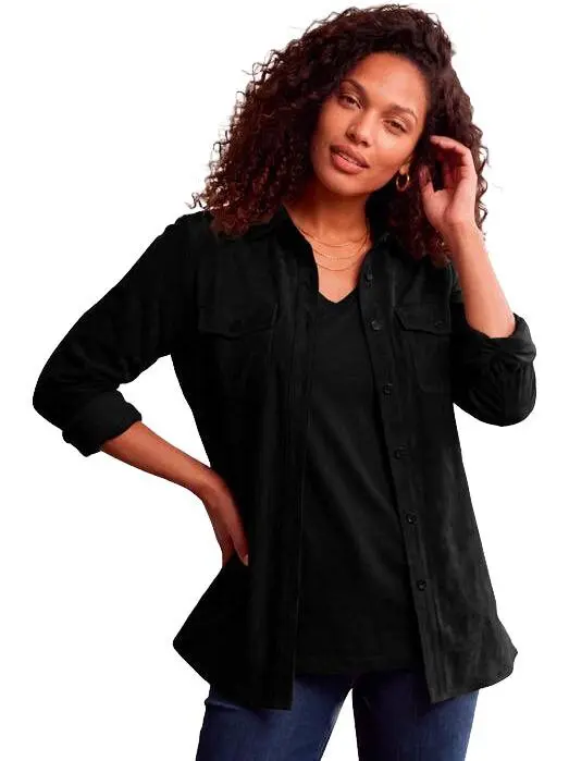 Roaman's Faux Suede Button-front Shirt With Flap Pockets - Black