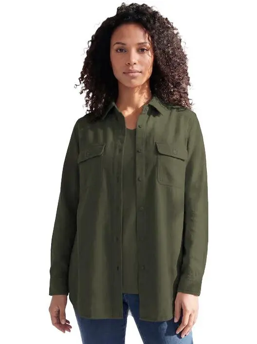 Roaman's Faux Suede Button-front Shirt With Flap Pockets - Dark Olive Green