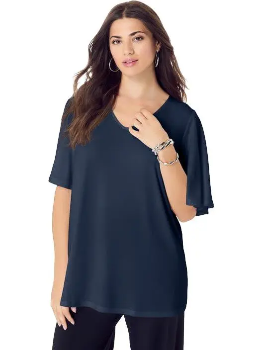 Roaman's Flutter Sleeve Ultrasmooth Fabric Tee - Navy