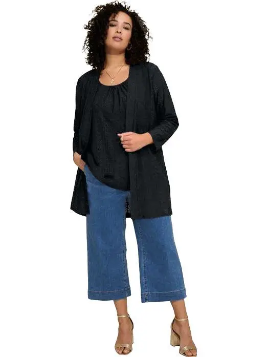 Roaman's Eyelet Long Sleeve Cardigan & Tank Set - Black