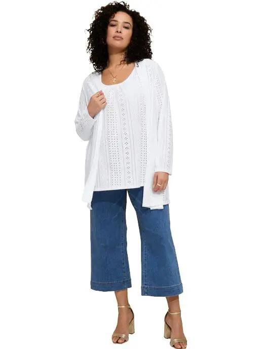 Roaman's Eyelet Long Sleeve Cardigan & Tank Set - White