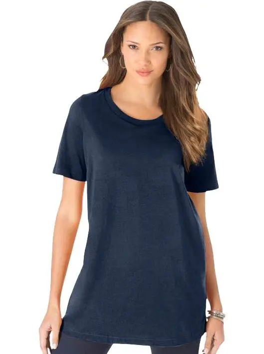 Roaman's Crewneck Knitted Cotton-blend Tee - Navy