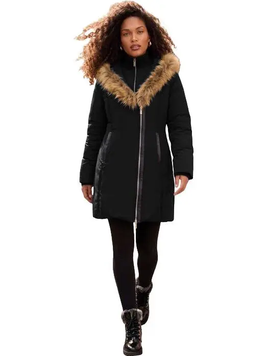 Roaman's Double Layer Puffer Coat With Faux Fur Hood - Black