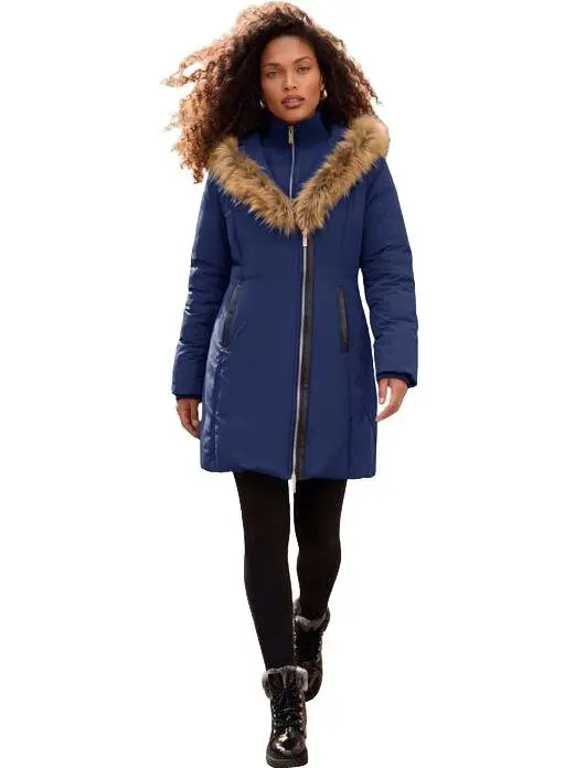 Roaman's Double Layer Puffer Coat With Faux Fur Hood - Evening Blue