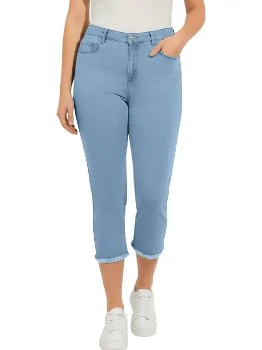Roaman's Straight Leg Cropped Capri Jeans With Frayed Hem - Light Stonewash