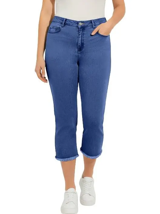 Roaman's Straight Leg Cropped Capri Jeans With Frayed Hem - Medium Blue