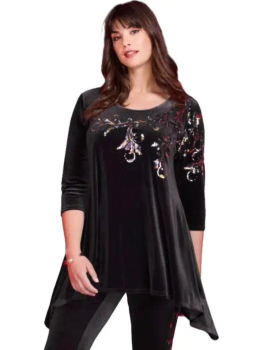 Roaman's Velour Hanky Hem Tunic With Sequins - Black Embellished Sequin