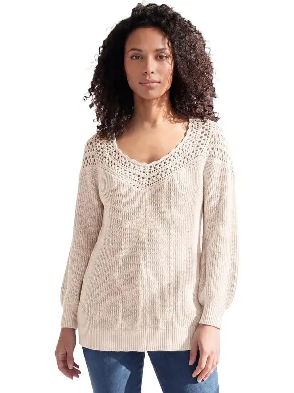 Roaman's Crochet Sweetheart Neckline Pullover Sweater - Oatmeal