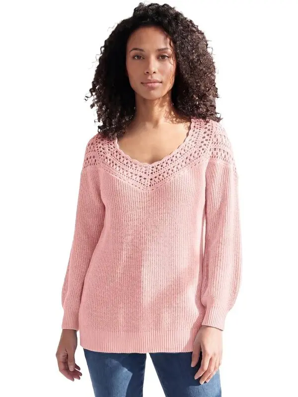 Roaman's Crochet Pullover Sweater With Sweetheart Neckline - Soft Blush
