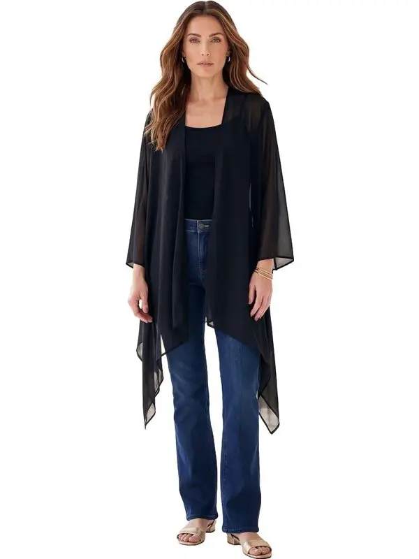 Roaman's Front Knot Tie Wrap Georgette Blouse - Black