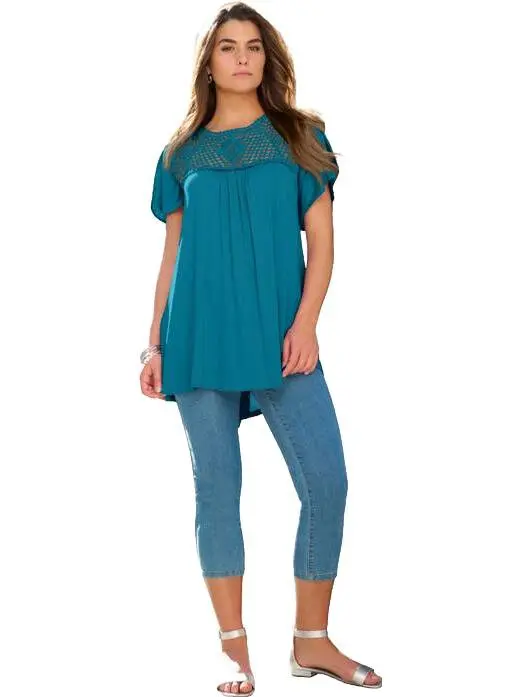 Roaman's Lace Yoke Pleated Tunic - Deep Teal