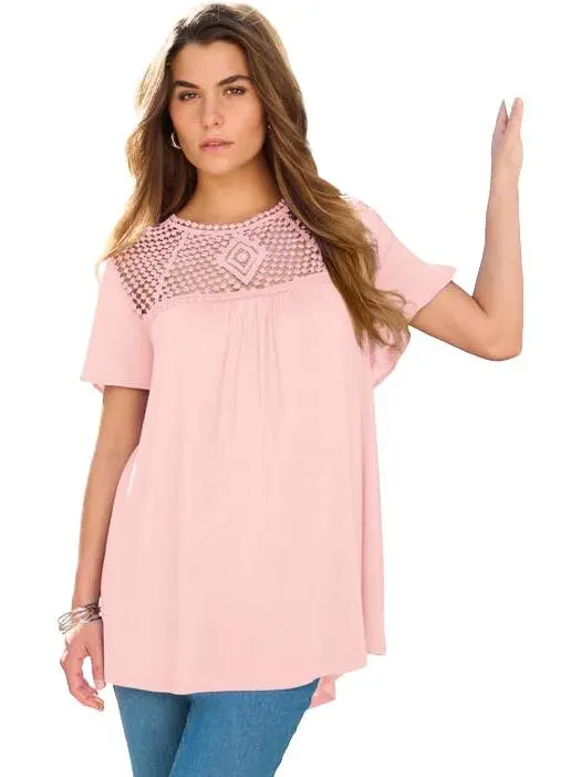 Roaman's Lace Yoke Pleated Tunic - Soft Blush