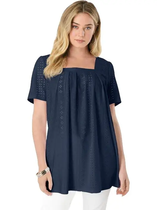 Roaman's Square Neck Eyelet Tunic - Black