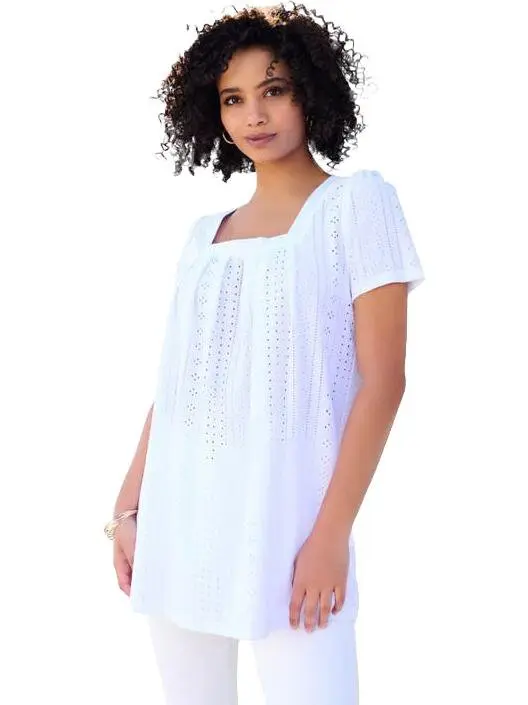 Roaman's Square Neck Eyelet Tunic - White