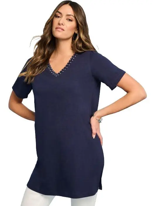 Roaman's Embellished V-neck Tunic - Navy