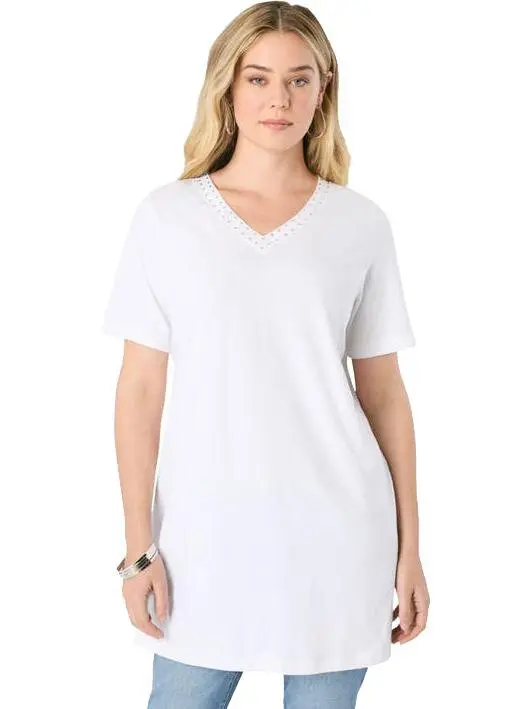 Roaman's Embellished V-neck Tunic - White