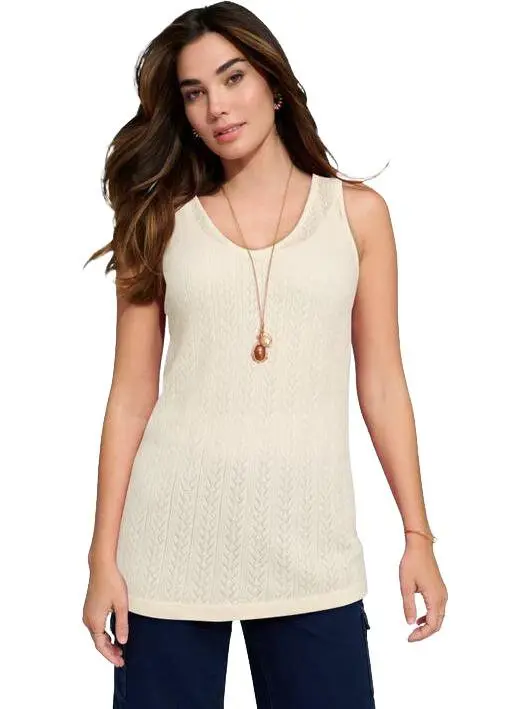 Roaman's Pointelle V-neck Ribbed Trim Tank - Ivory