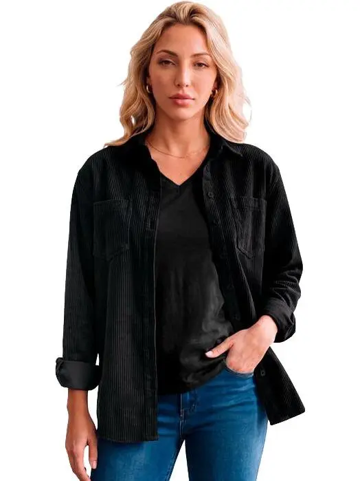 Roaman's Corduroy Button-front Tunic Shirt - Black