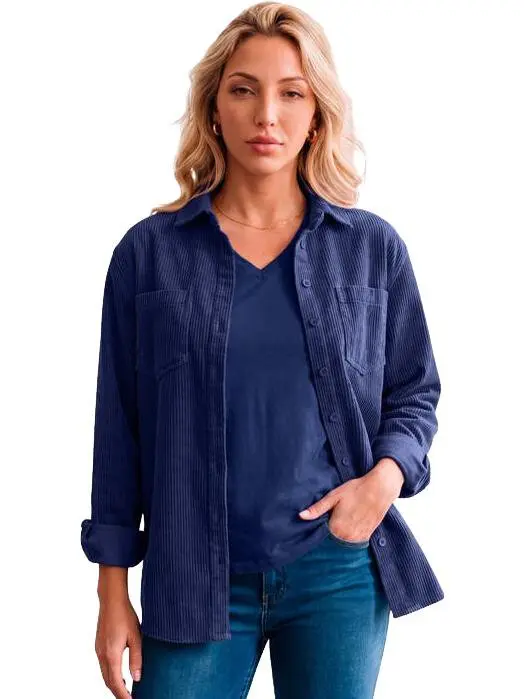 Roaman's Corduroy Button-front Tunic Shirt - Evening Blue