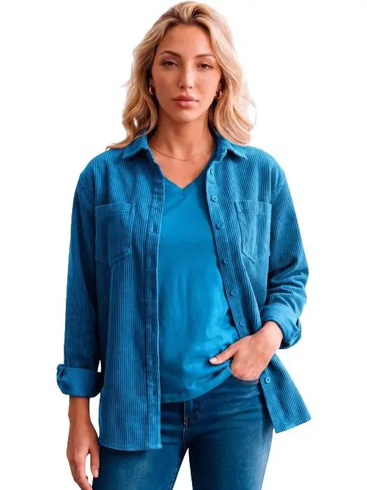 Roaman's Corduroy Button-front Tunic Shirt - Iris Blue