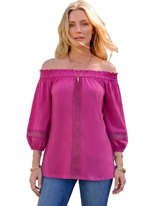 Roaman's Off-the-shoulder Lace Detail Blouson Sleeve Tunic - Raspberry