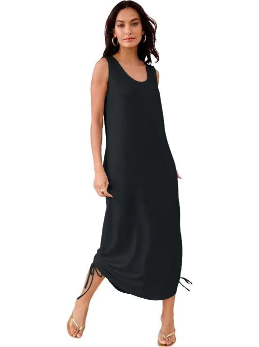 Roaman's Sleeveless Midi Dress With Adjustable Ruched Hem - Black