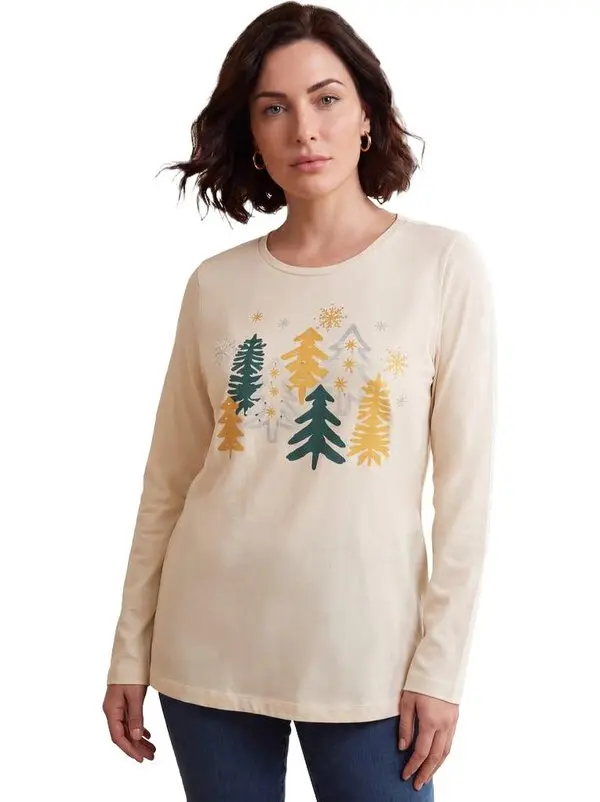 Roaman's Long Sleeve Embellished Graphic Crewneck Tee - Ivory Pine Trees