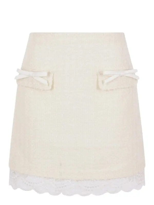 SELF-PORTRAIT Textured Tweed Mini Skirt With Lace Hem - White